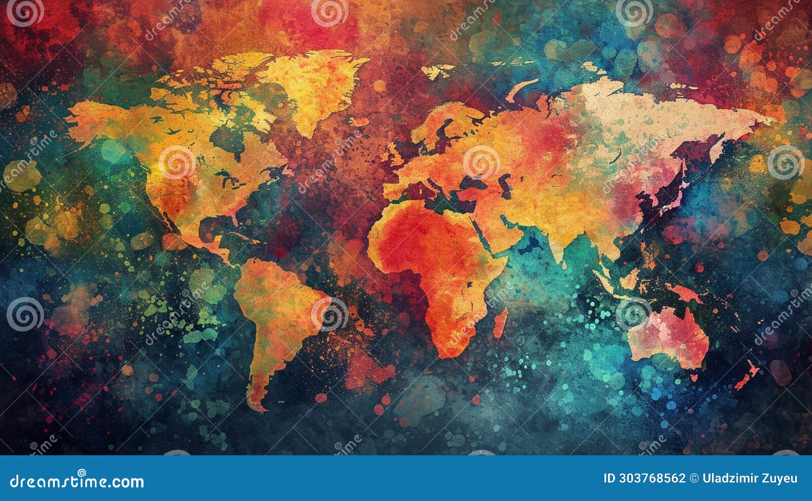 Colored art world map stock photo. Image of vintage - 303768562