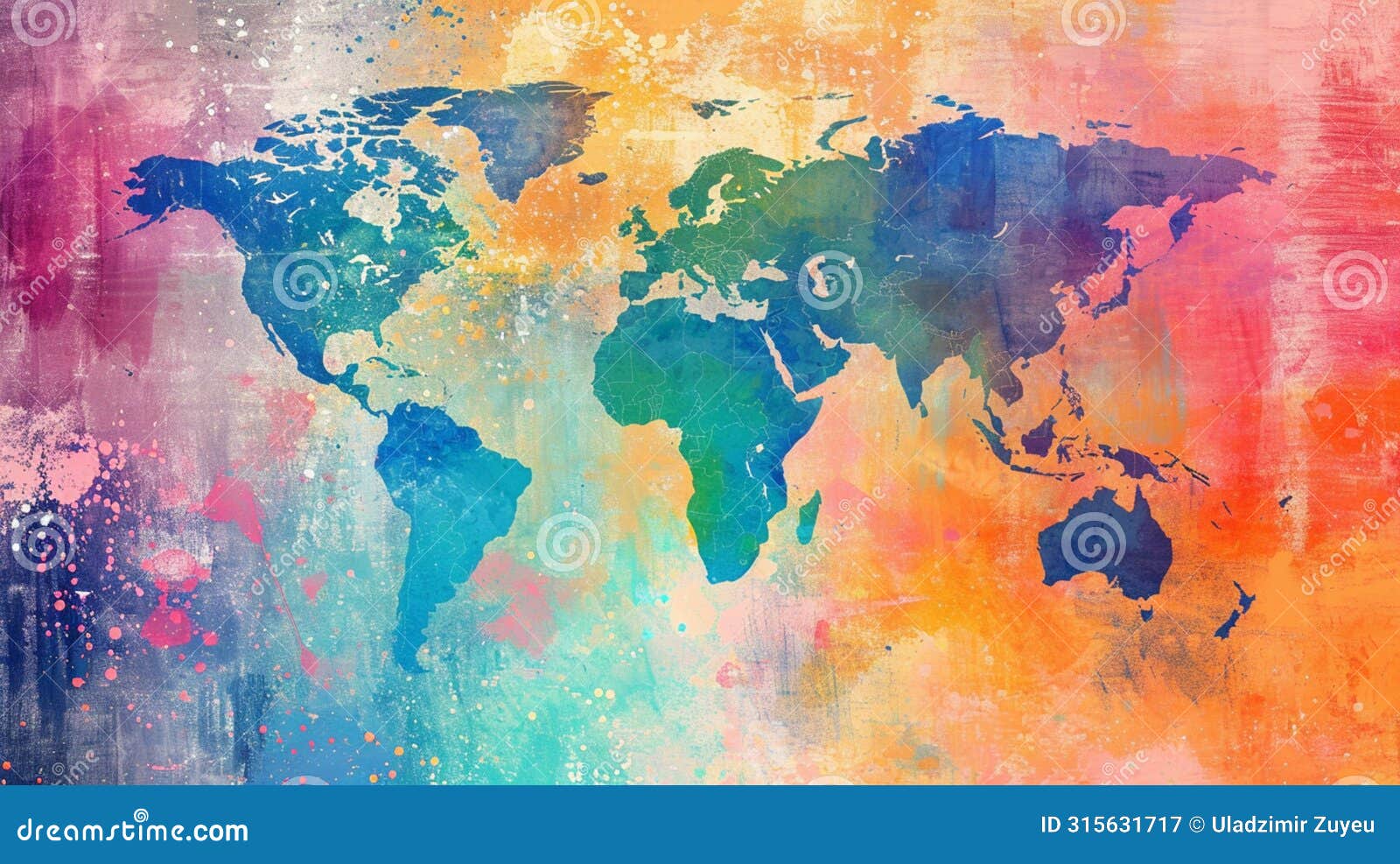 Colored art world map stock image. Image of earth, vintage - 315631717