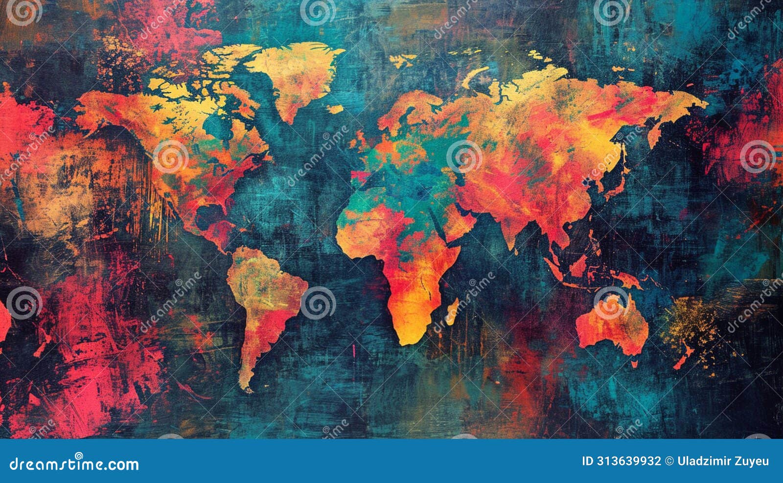 Colored art world map stock photo. Image of history - 313639932