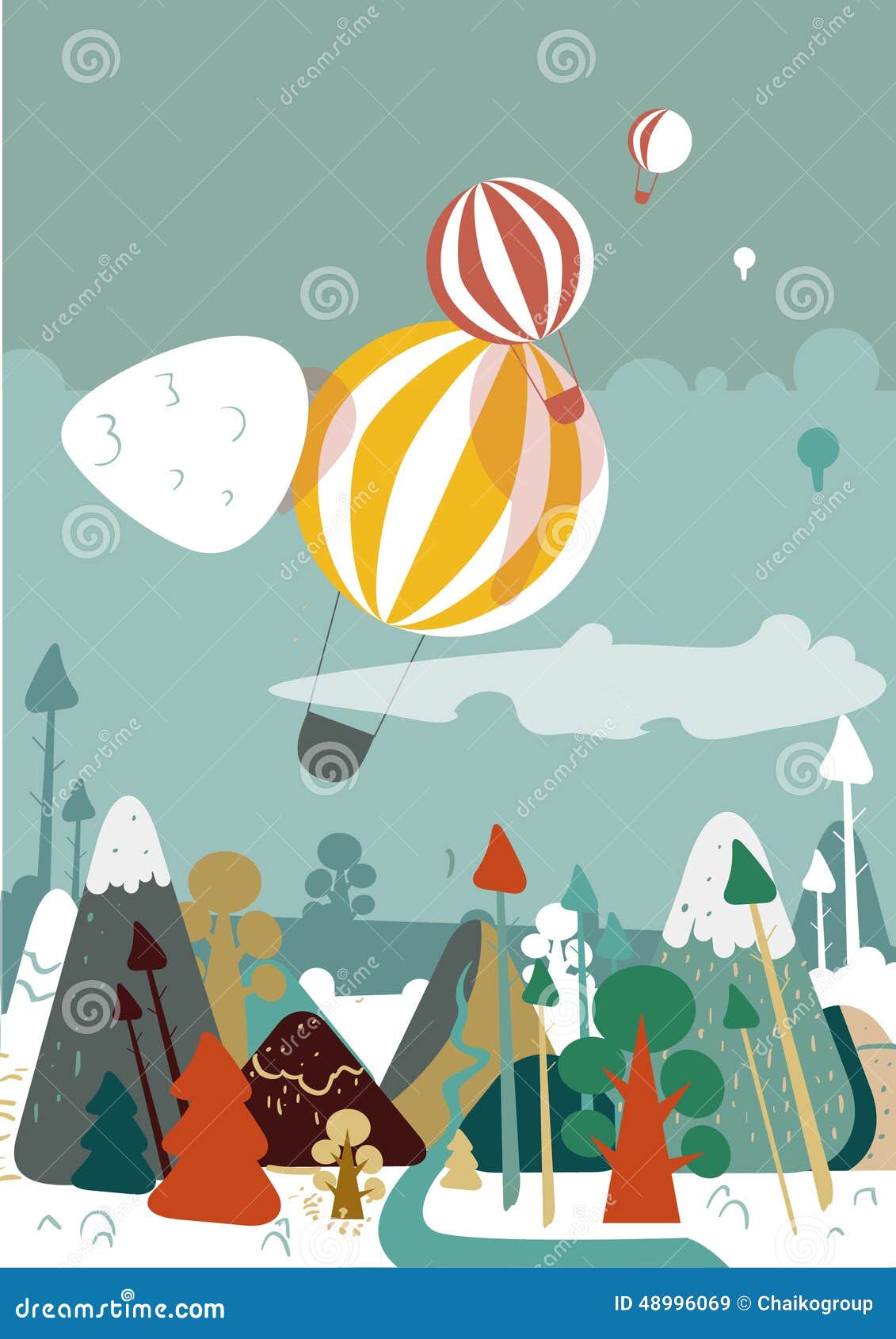 Colored Balloons Over the Forest and Mountains Stock Illustration ...