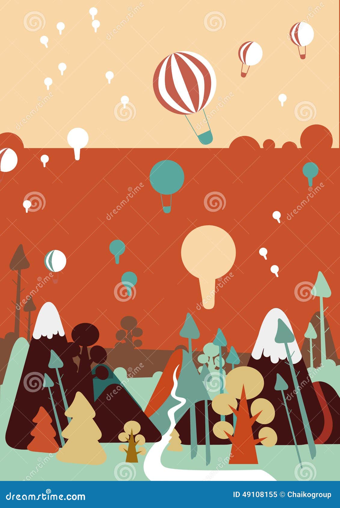 Colored Balloons Over the Forest and Mountains Stock Illustration ...
