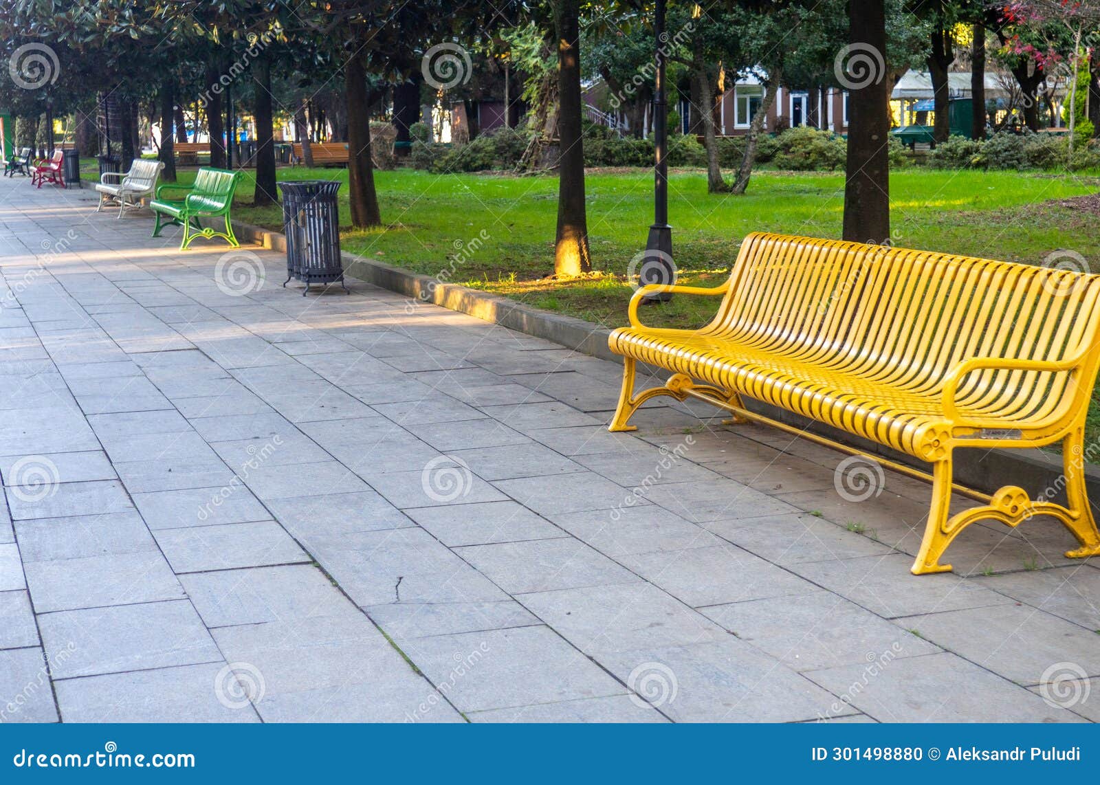 Colored Benches in the Park. Park Infrastructure Stock Photo - Image of ...