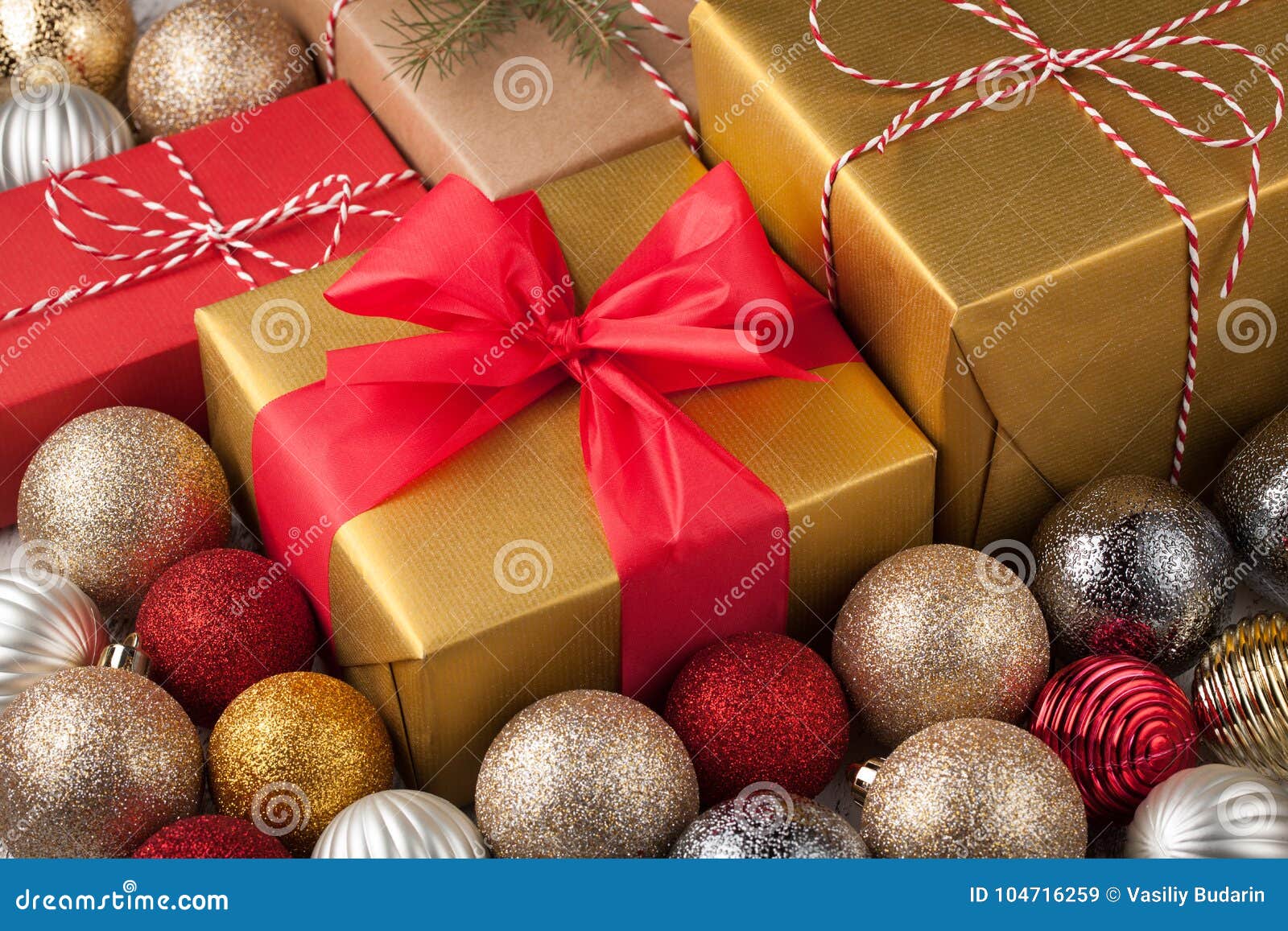 Colored Boxes with Gifts in a Festive Box with Christmas Decorations ...