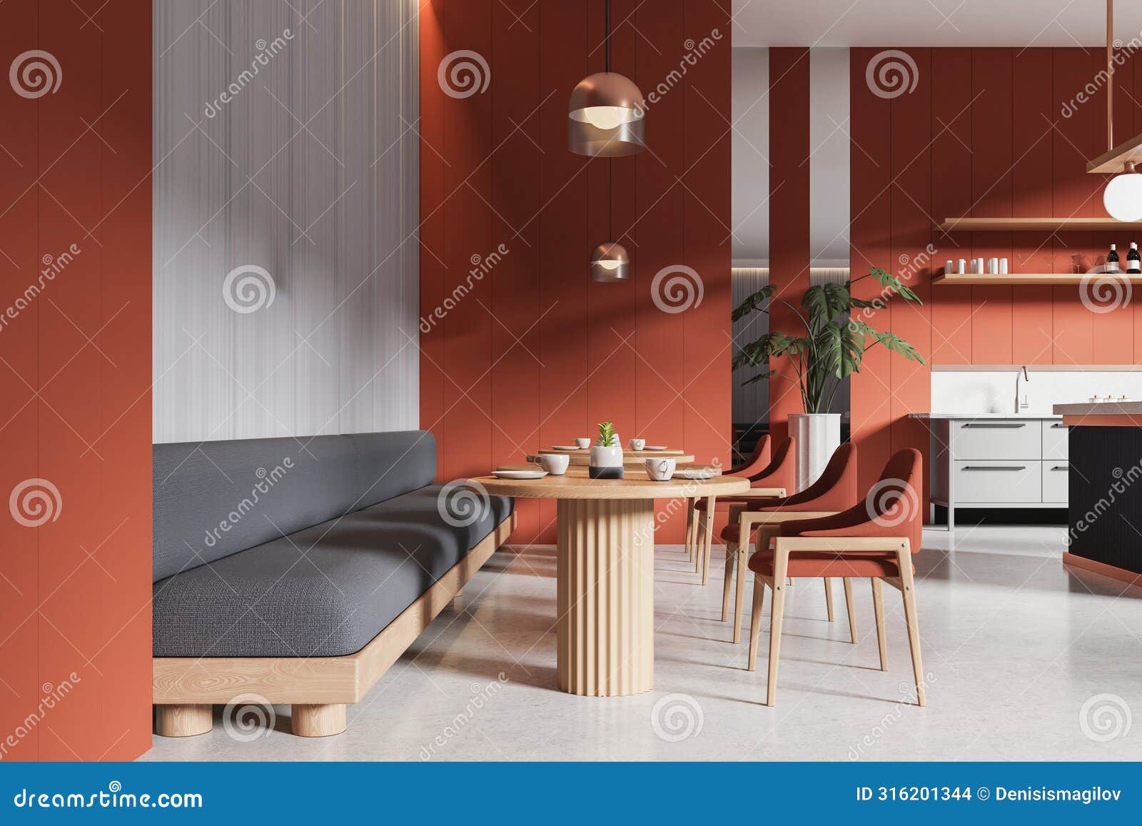 Colored Cafeteria Interior with Dining Space and Kitchen Cabinet with ...