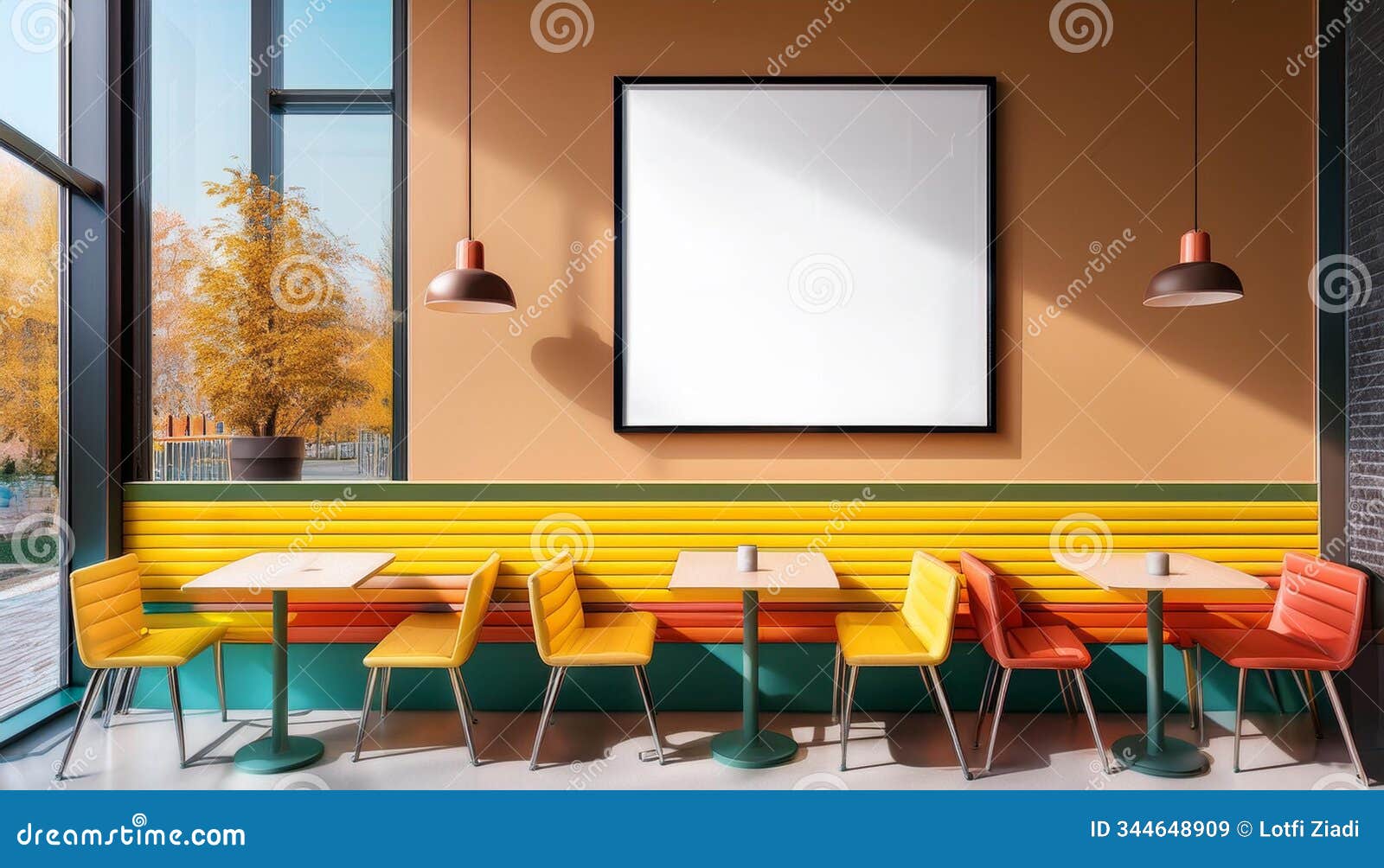 Colored Cafeteria Interior with Seats and Tables in Row, Window and ...