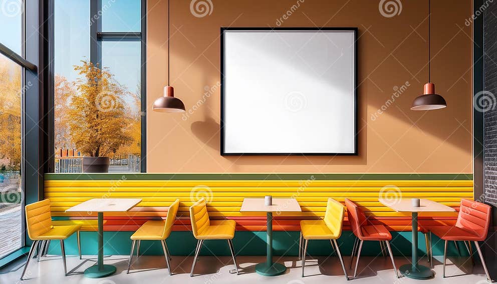 Colored Cafeteria Interior with Seats and Tables in Row, Window and ...