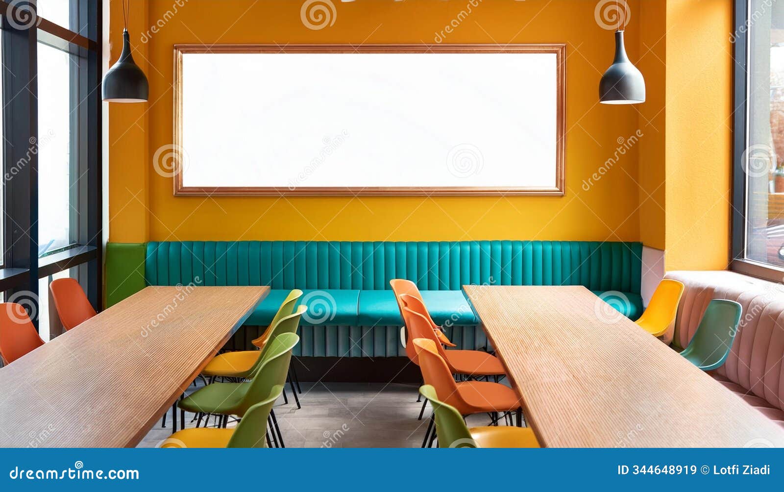 Colored Cafeteria Interior with Seats and Tables in Row, Window and ...