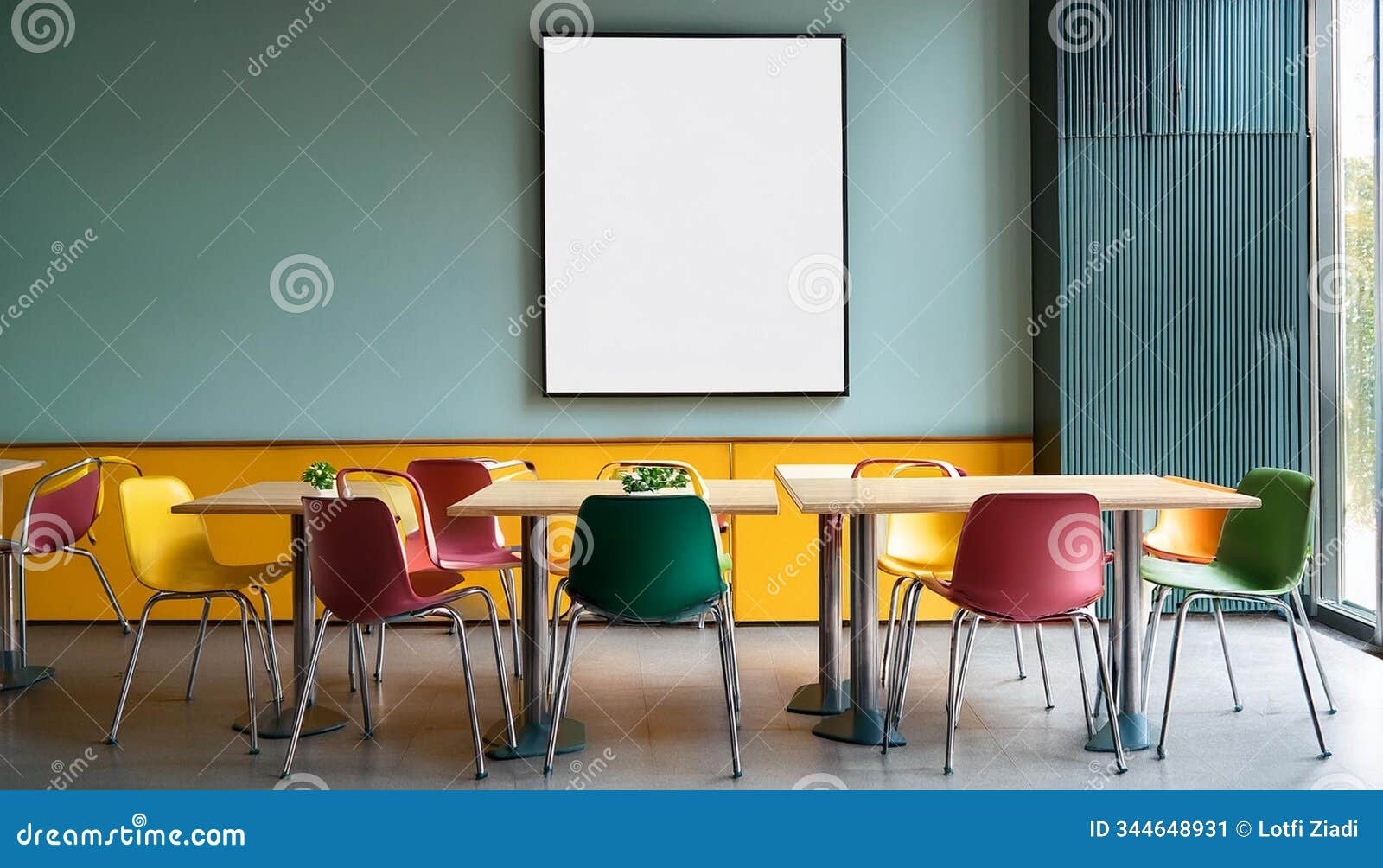 Colored Cafeteria Interior with Seats and Tables in Row, Window and ...