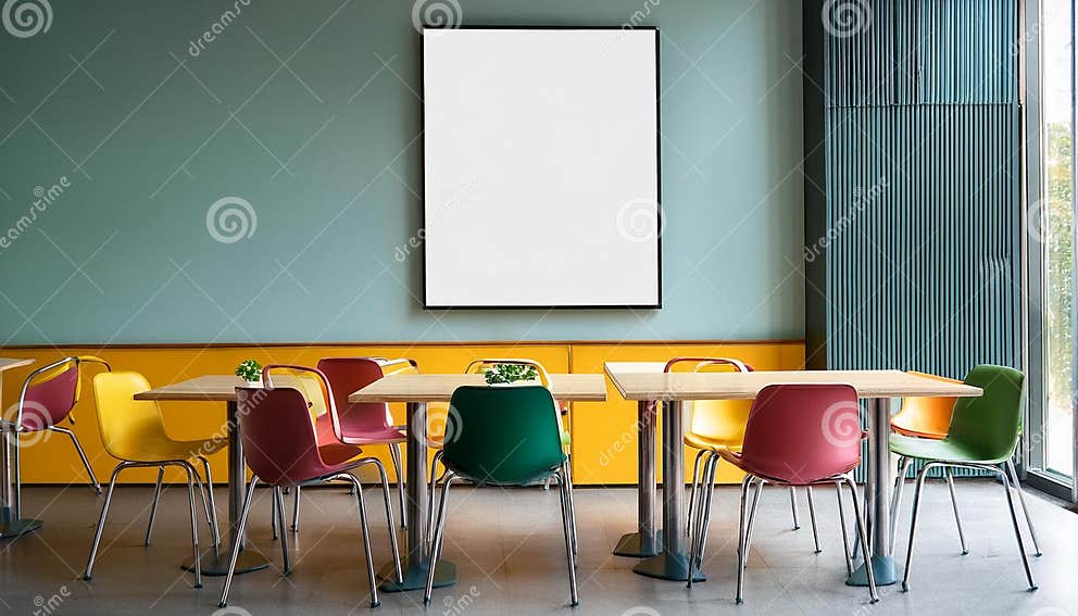 Colored Cafeteria Interior with Seats and Tables in Row, Window and ...
