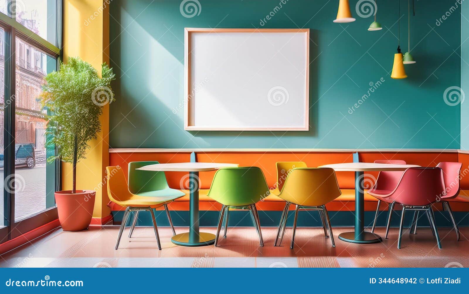 Colored Cafeteria Interior with Seats and Tables in Row, Window and ...