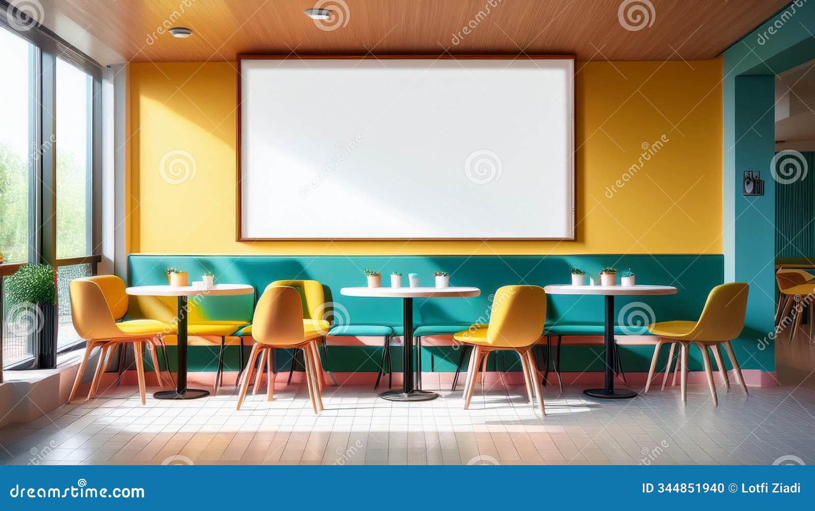 Colored Cafeteria Interior with Seats and Tables in Row, Window and ...