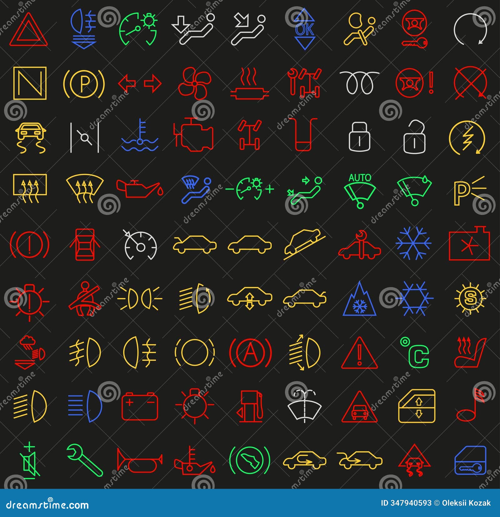 Colored Car Dashboard Icons. Car Control Panel Interface Stock ...