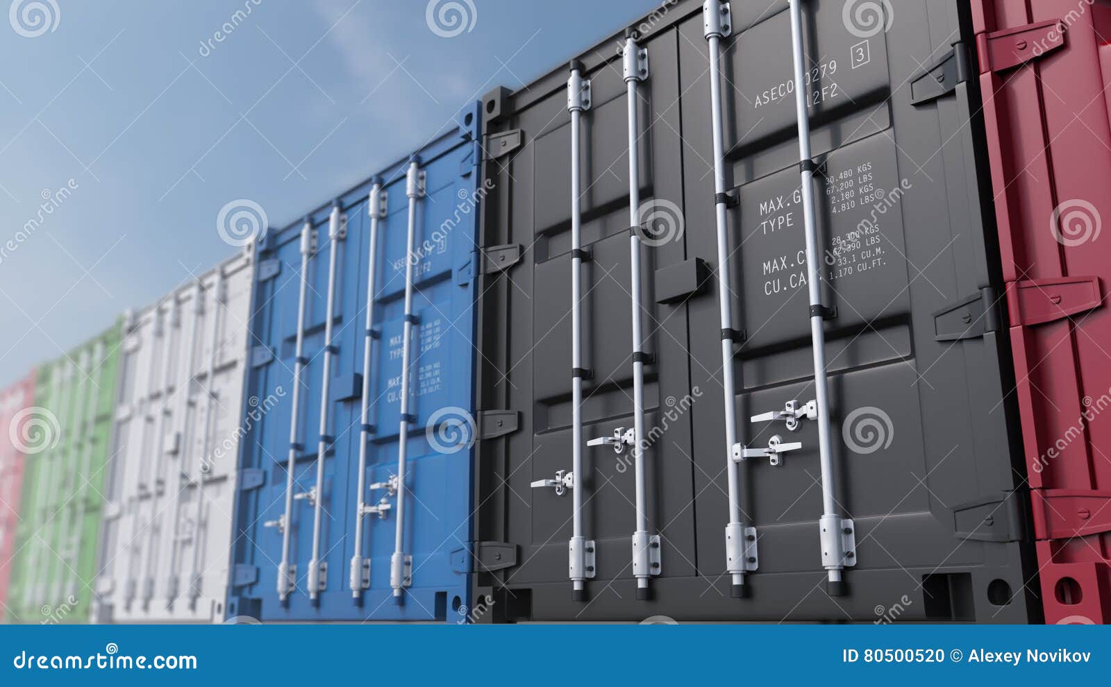 Colored Cargo Containers Against Blue Sky, Shallow Focus. 3D Rendering ...