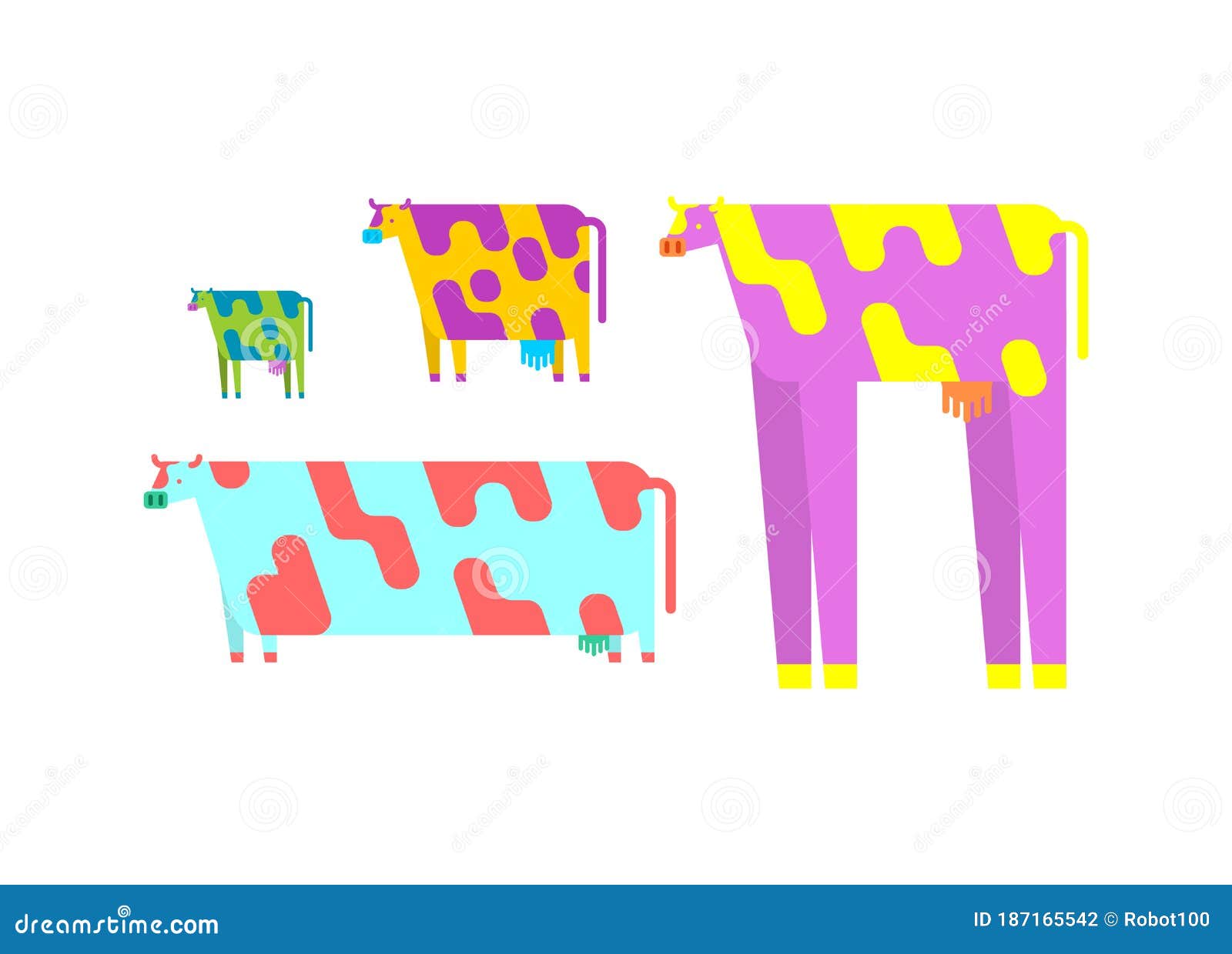 Colored Cartoon Cow Set. Multicolored Animal Beef Vector Illustration ...
