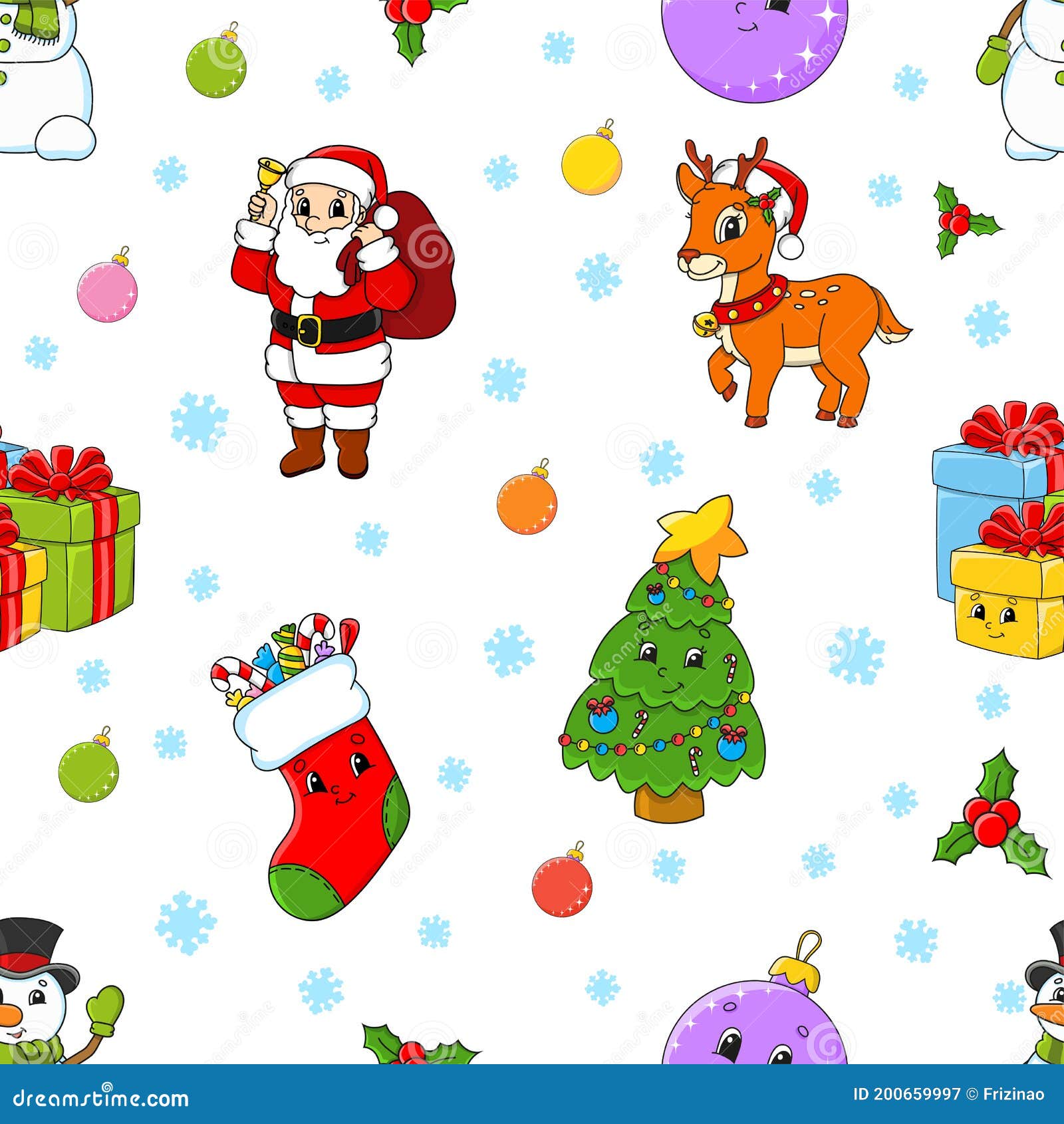 Colored Cartoon Seamless Pattern. Christmas Theme. Cartoon Style. Hand ...