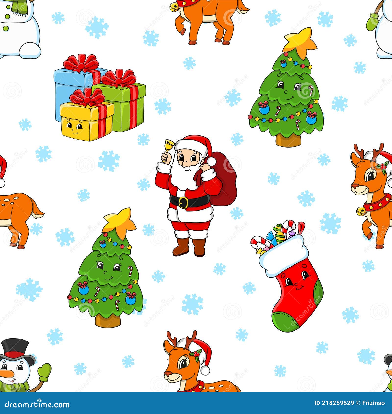 Colored Cartoon Seamless Pattern. Christmas Theme. Cartoon Style. Hand ...