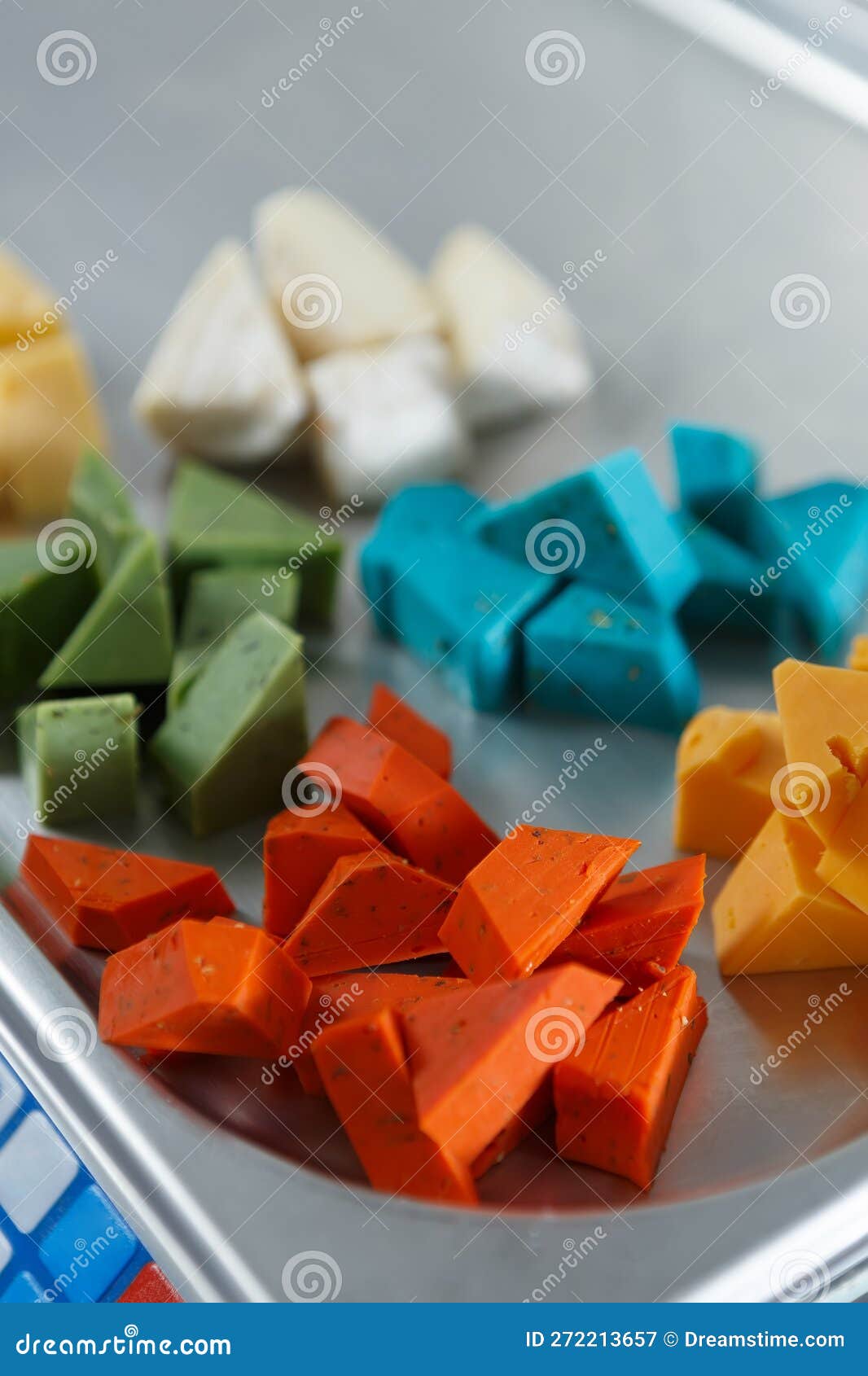 Colored Cheese Assortment on Weighs. Pieces of Multi Colored Dairy ...