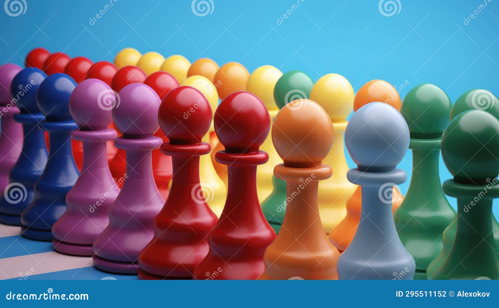 Colored Chess Pawns in a Row on Blue Background. 3d Illustration ...