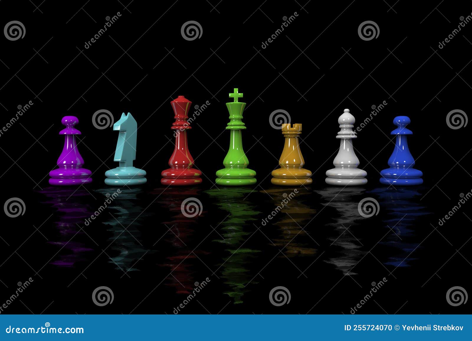 Colored Chess Pieces Stand in a Row with a Reflection in the Water. 3D ...