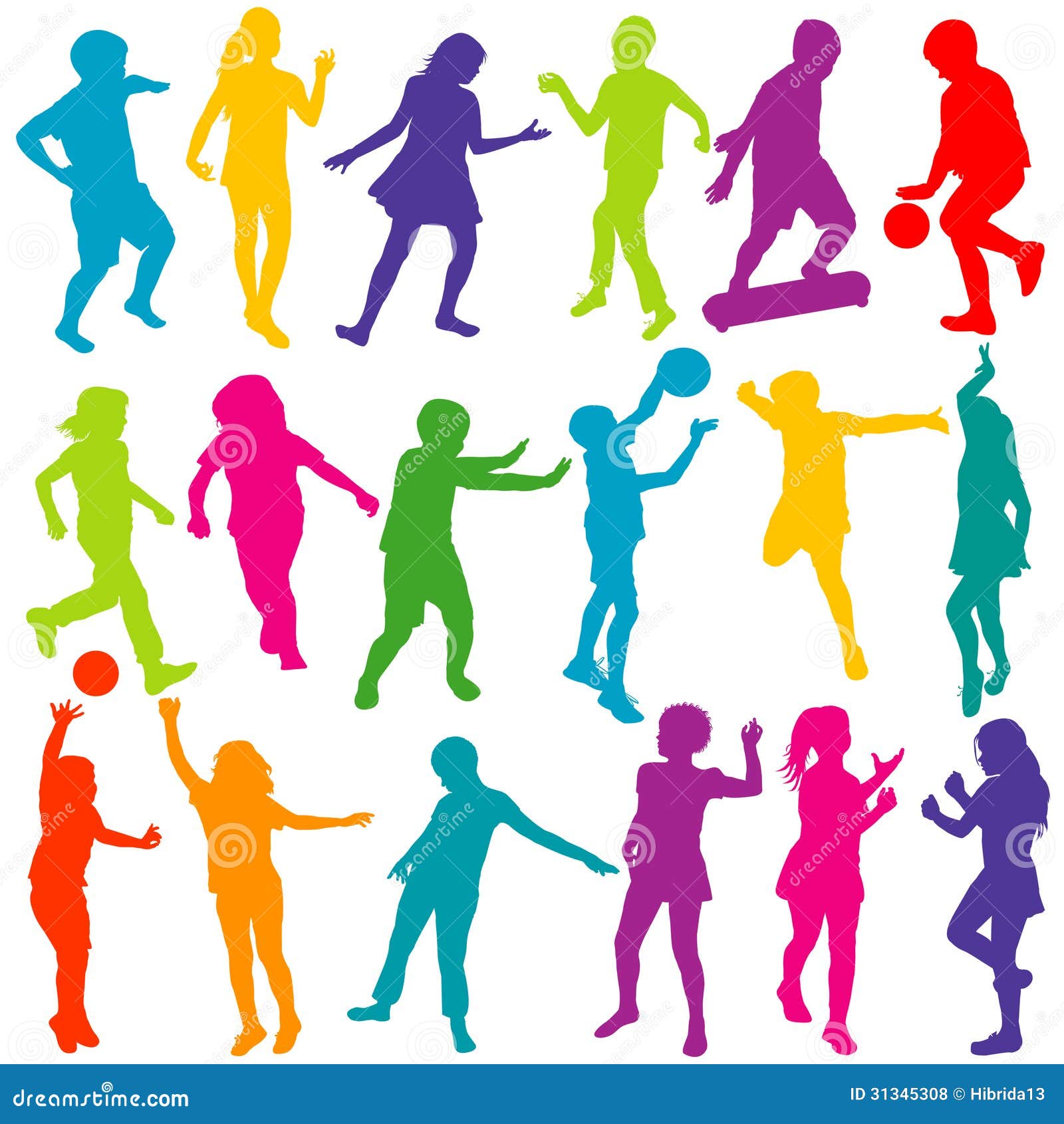 Colored Children Playing Silhouettes Set Stock Vector - Illustration of ...