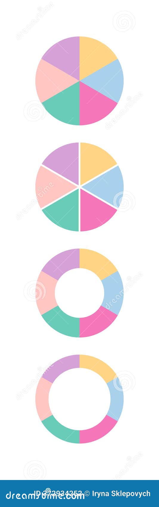 Colored Circle And Ring Graph With Six Segments Template. Pie Diagram Collection. Set Of Round ...