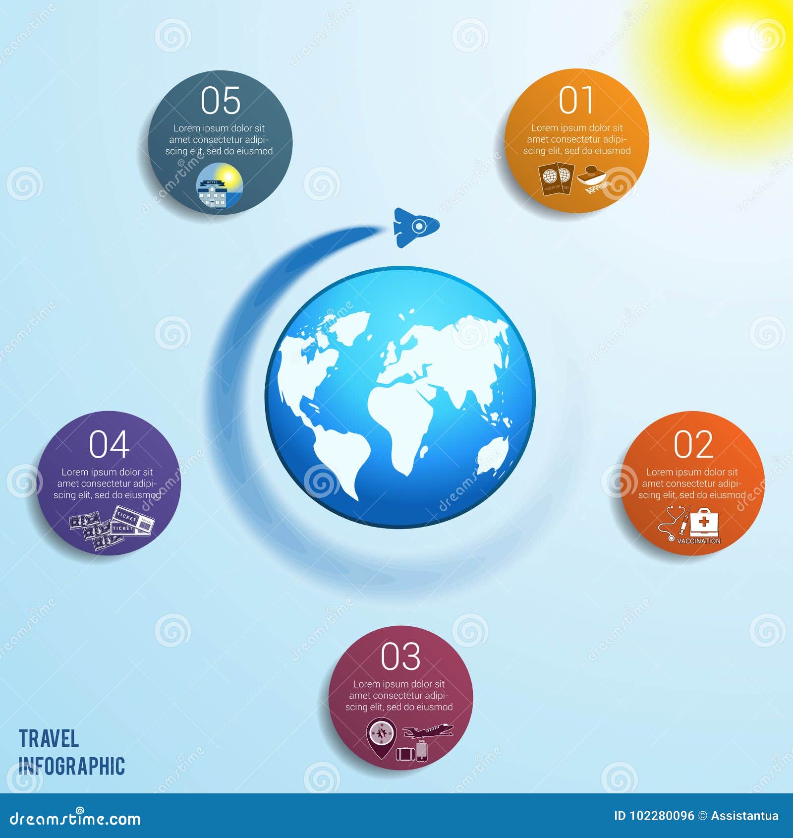 5 Colored Circles Numbered with Space for Text Around the World Stock ...
