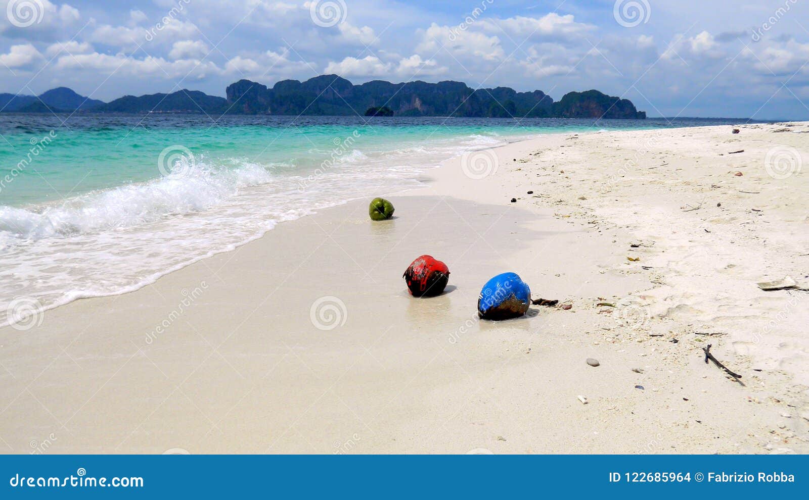 Colored Coconuts On The Beach, Poda Island, Koh Poda, Krabi, Thailand ... Colored Coconuts On The Beach, Poda Island, Koh Poda, Krabi, Thailand ...