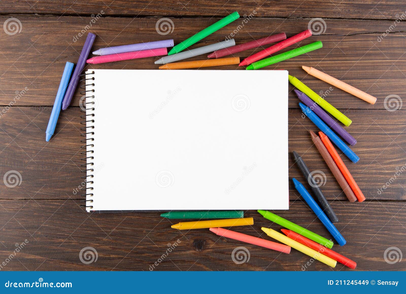 Colored Crayons and Blank Page on the Wooden Table Stock Image - Image ...