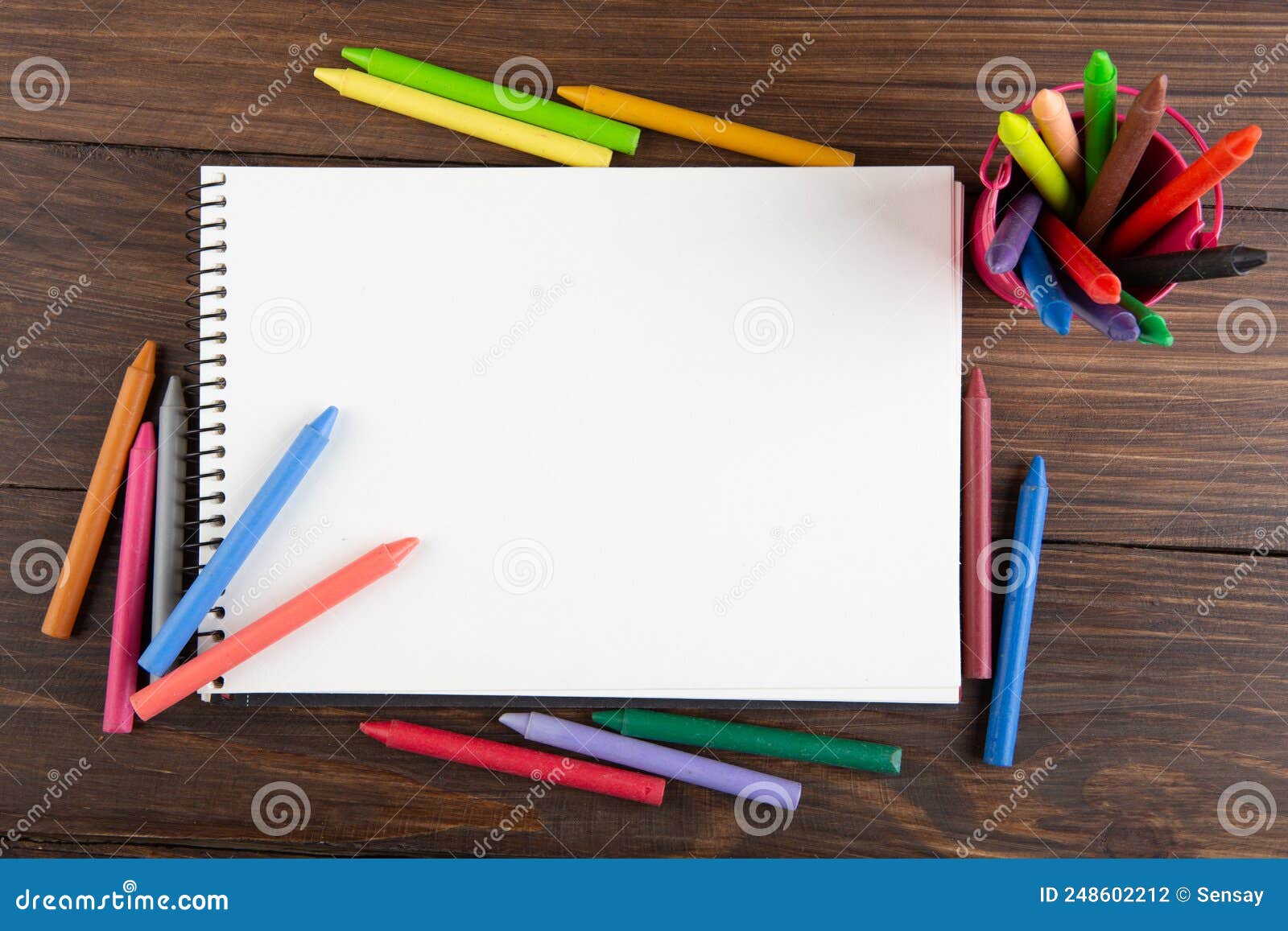 Colored Crayons and Blank Page on the Wooden Table Stock Photo - Image ...