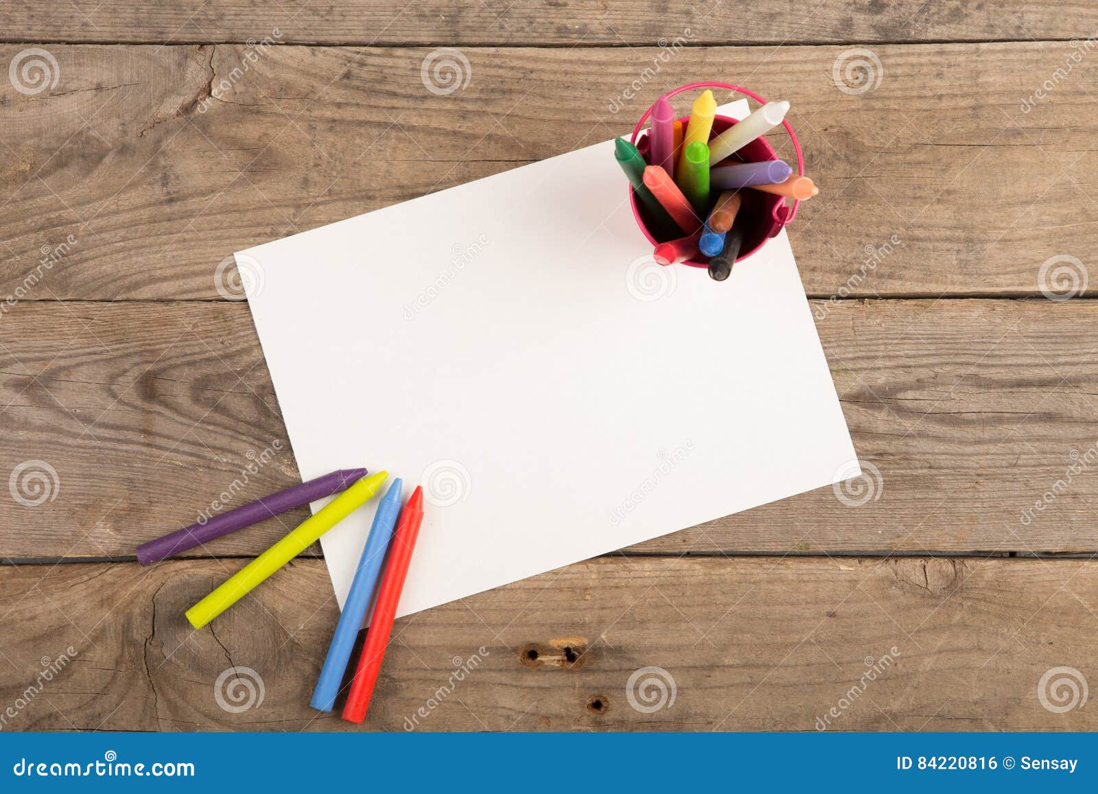 Colored Crayons and Blank Page on the Wooden Table Stock Photo - Image ...