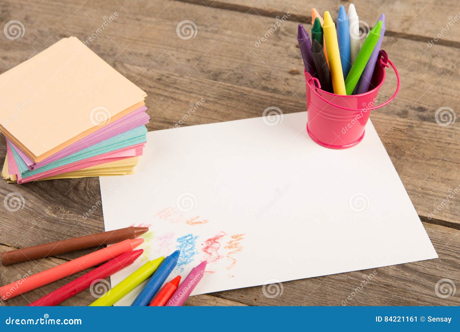 Colored Crayons and Blank Page on the Wooden Table Stock Image - Image ...