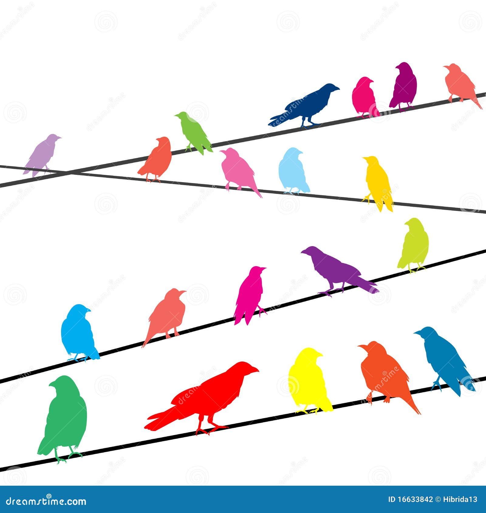 Colored crows on wires stock illustration. Illustration of bird - 16633842