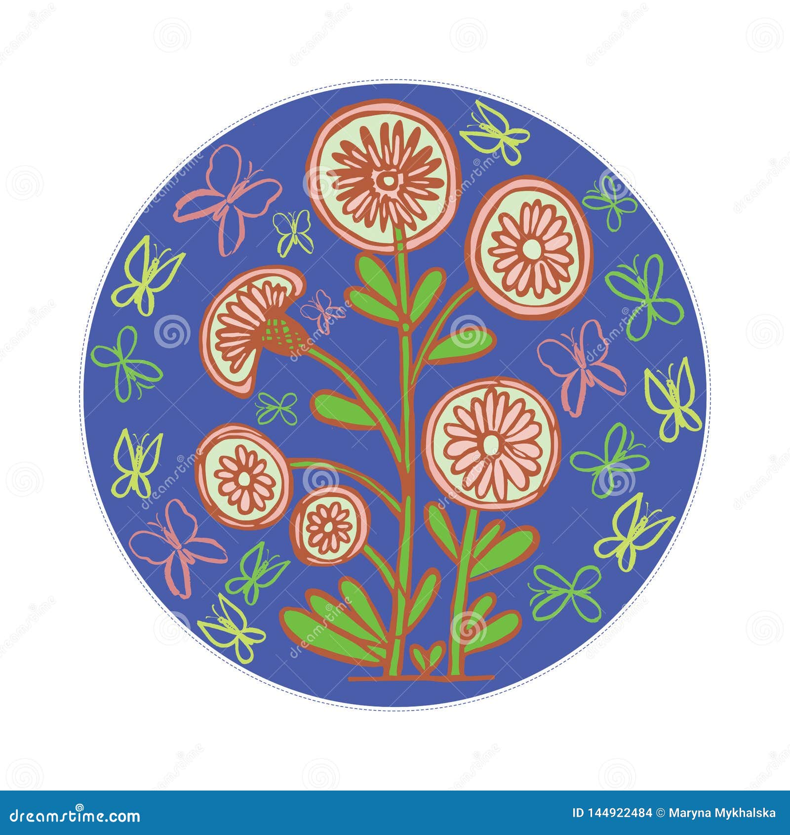 Colored Decorative Flowers in Circle, Hand Drawn - Vector Illustration ...