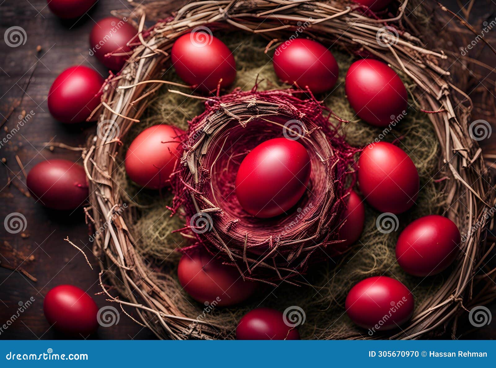 Colored Deep Red Easter Eggs in Nest Top View Background Stock ...