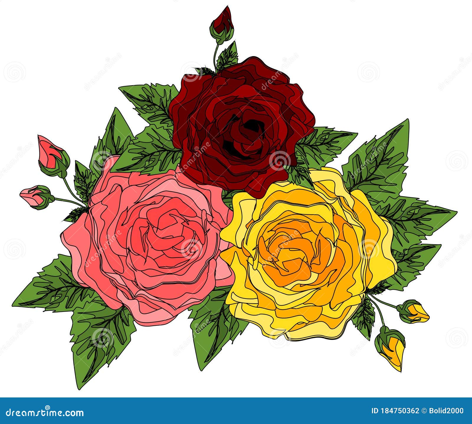 Three colored roses stock illustration. Illustration of boutique ...