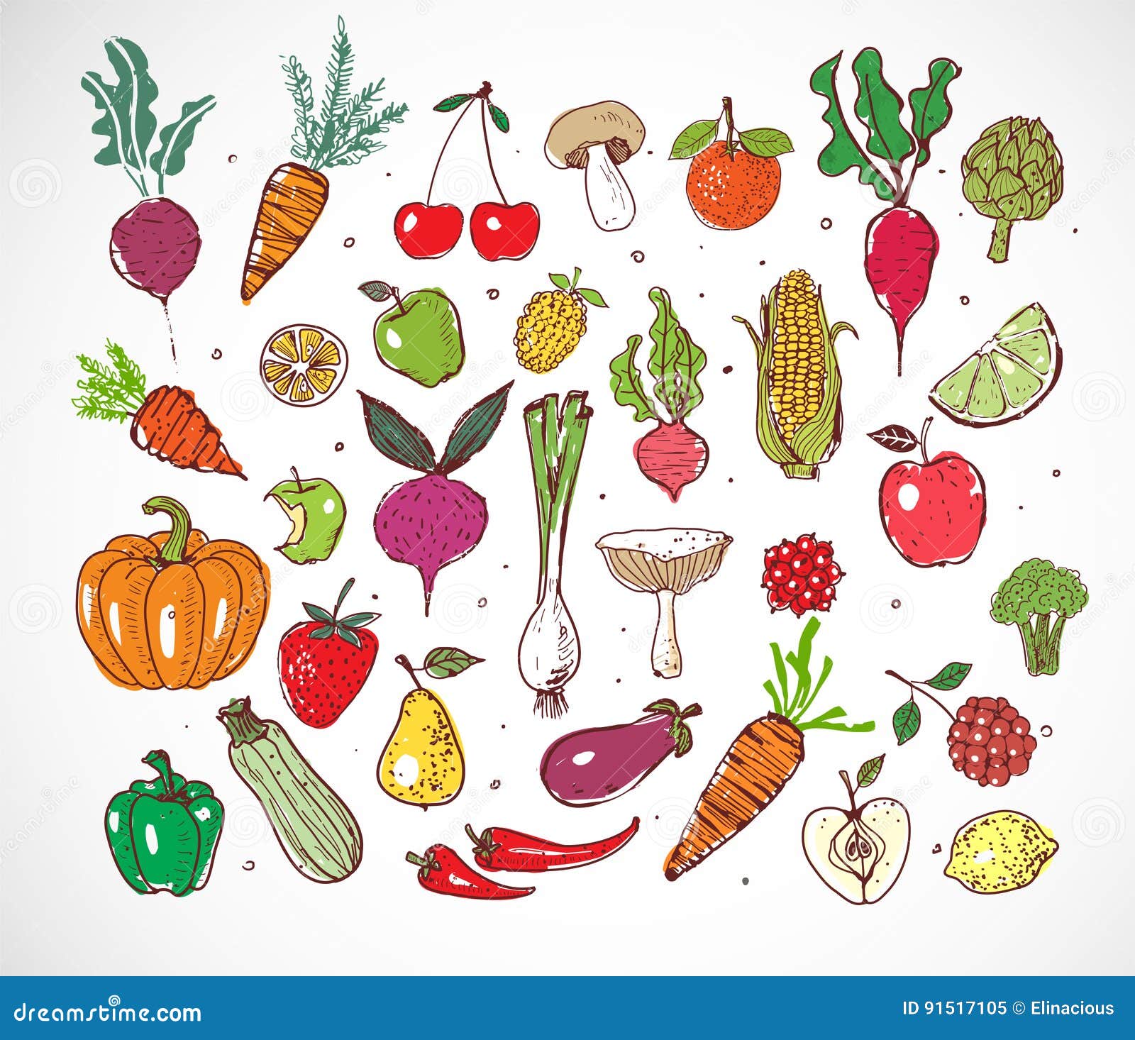 Colored Doodle Fruits and Vegetables on White Background. Vector Sketch ... Colored Doodle Fruits and Vegetables on White Background. Vector Sketch ...