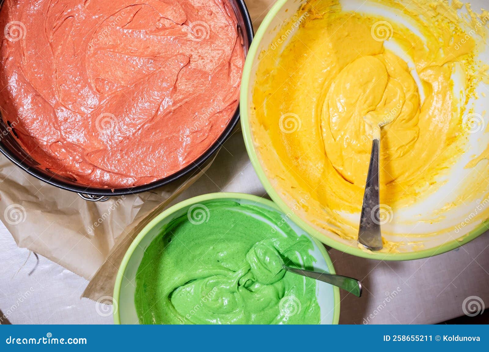 Colored with Dyes in Different Colors Raw Dough in Different Bowls with ...