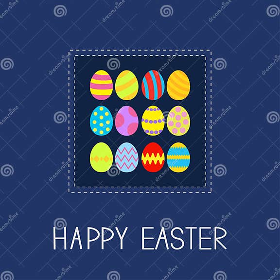 Colored Easter Egg Set Dash Line Frame Card Flat Design Stock Vector ...