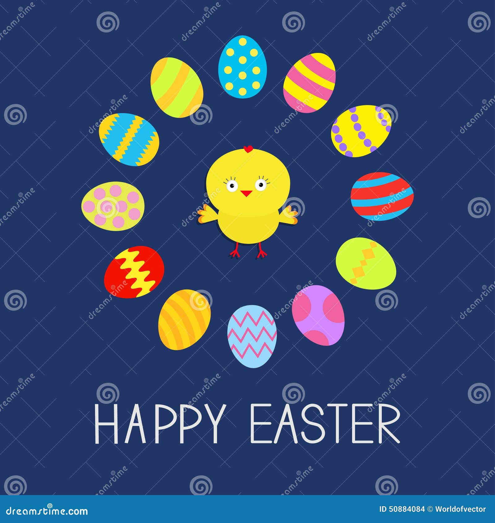 Colored Easter Egg Set Round Frame and Chicken Card Flat Design Stock ...