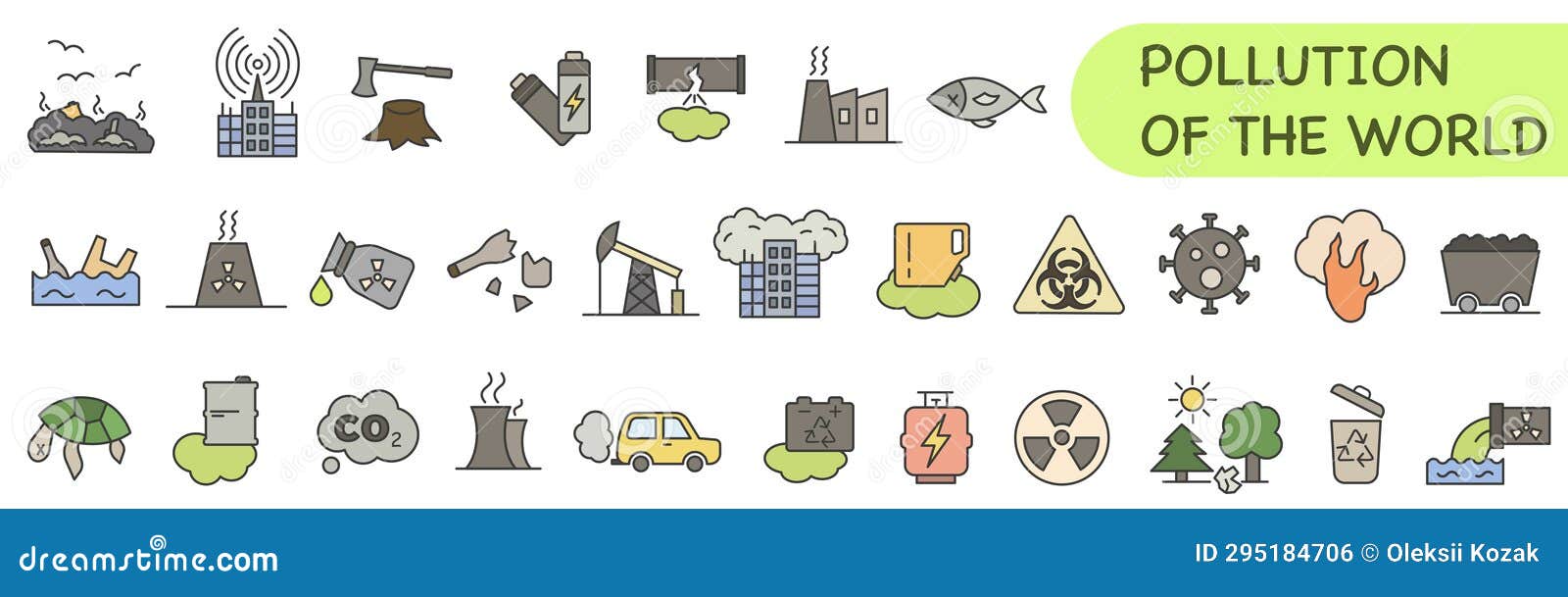Colored Environmental Pollution Icons with Dark Outline. Causes and ...
