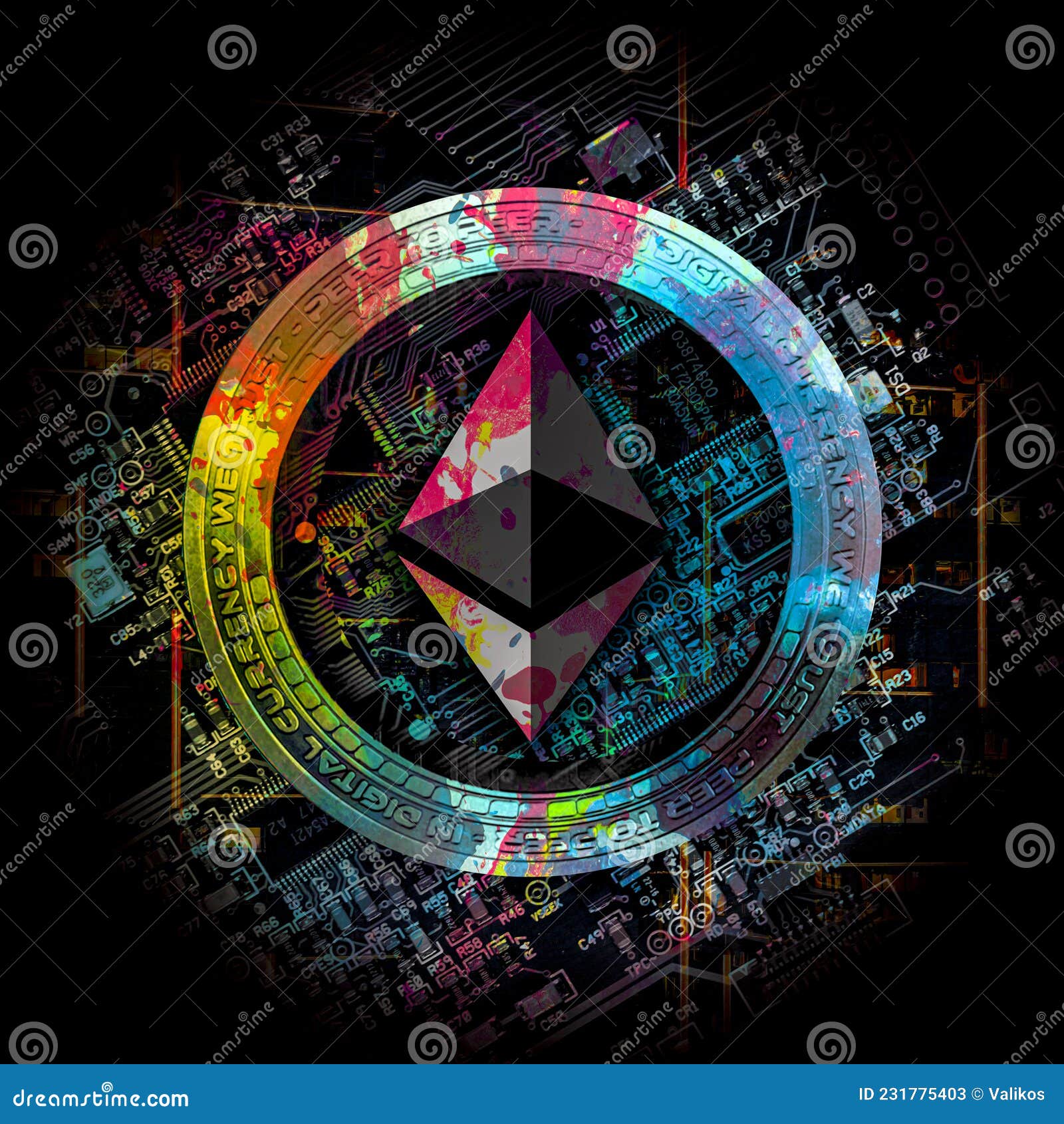 Colored Etherium Logo with Colorful Abstract Splatters on Dark ...