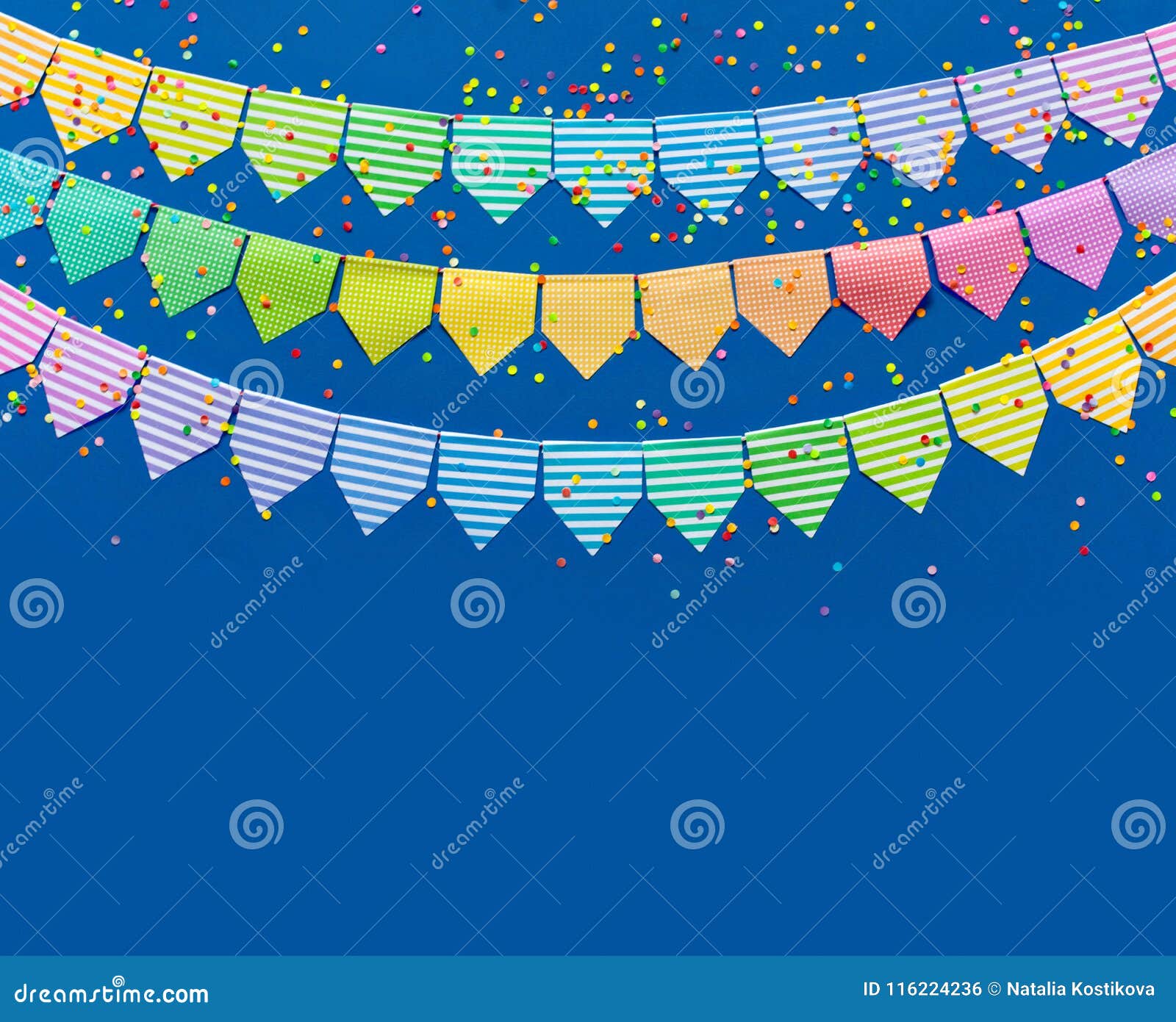 Colored Flags Garland. Blue Background. Stock Photo - Image of ...