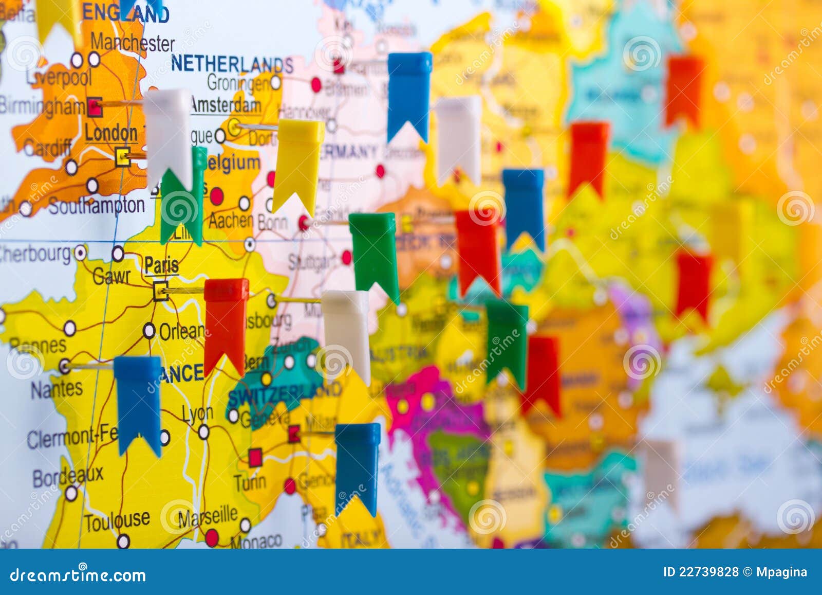 Colored Flags on the Map of Europe Stock Photo - Image of direction ...