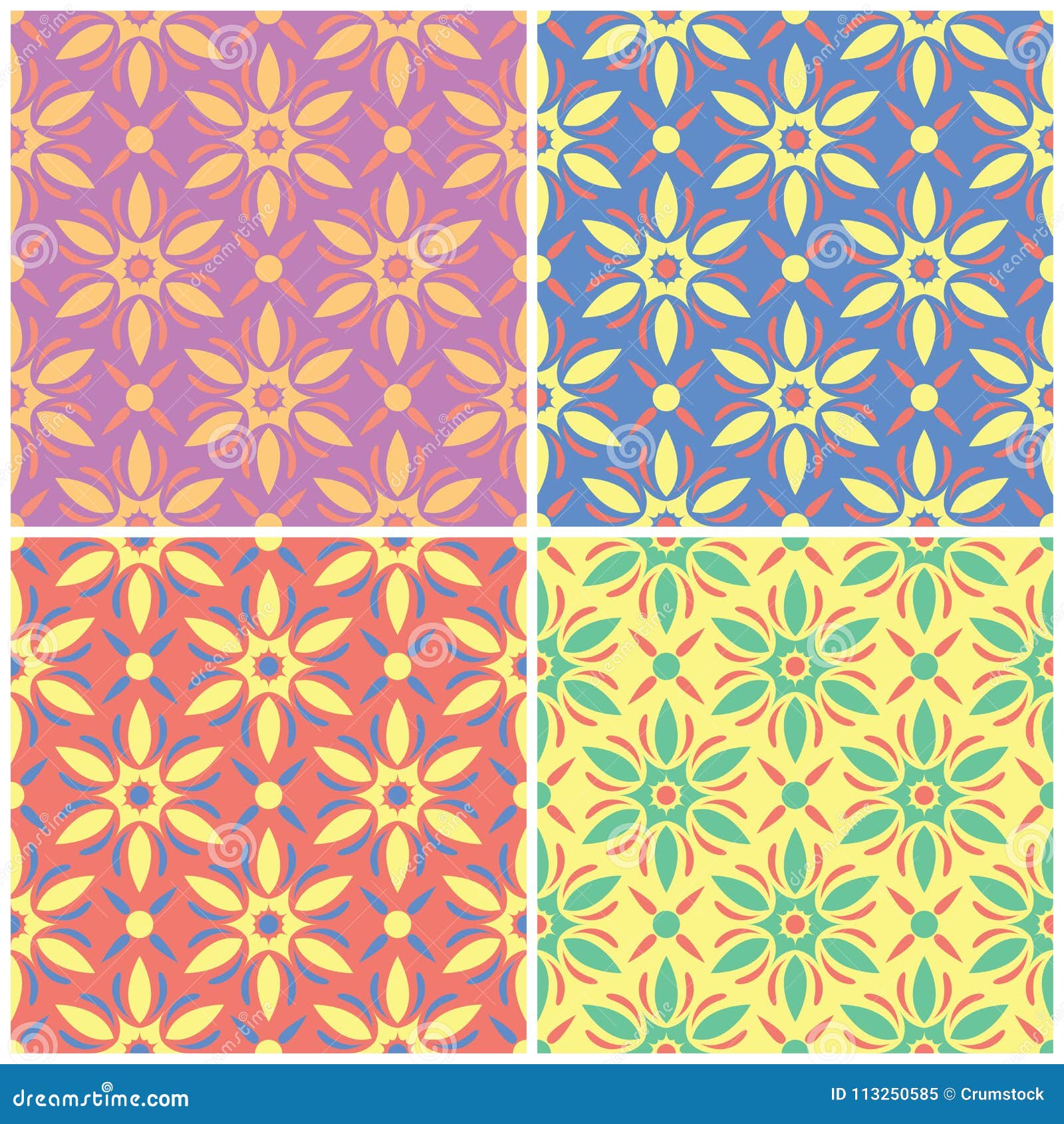 Colored Floral Seamless Backgrounds. Set of Bright Patterns with Flower Elements Stock Vector ...