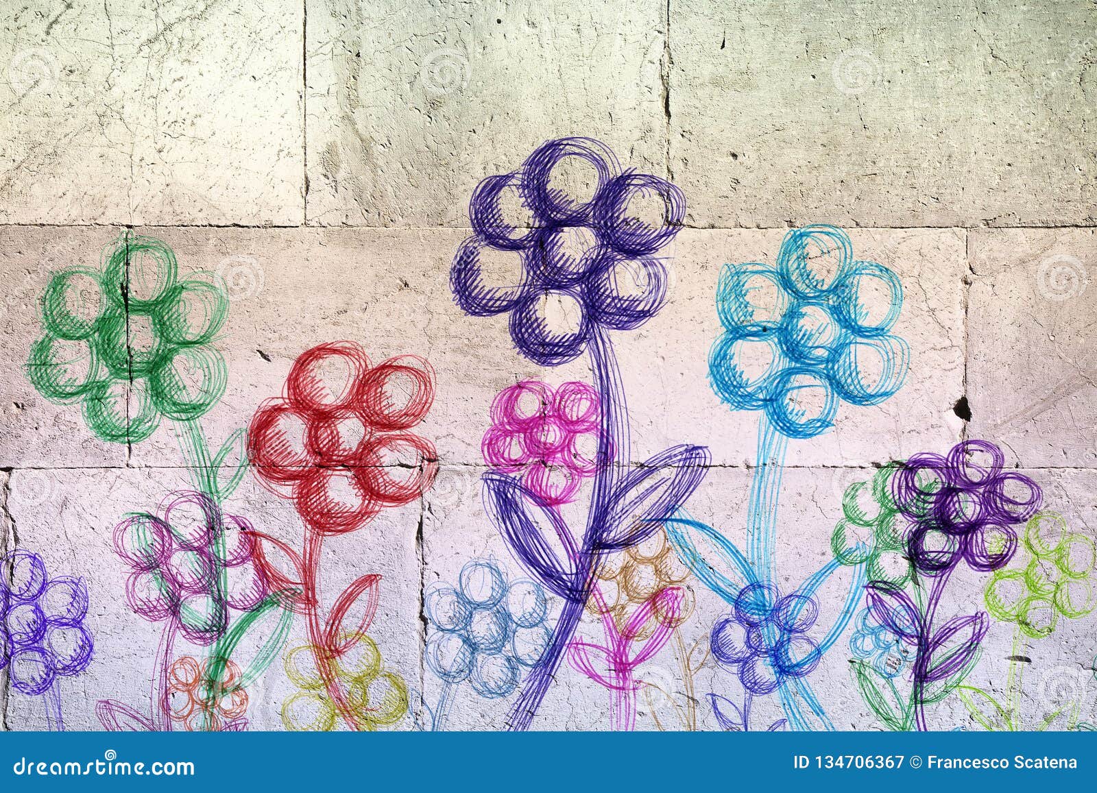 Colored Flowers Drawn on a White Stone Wall Stock Image - Image of ...