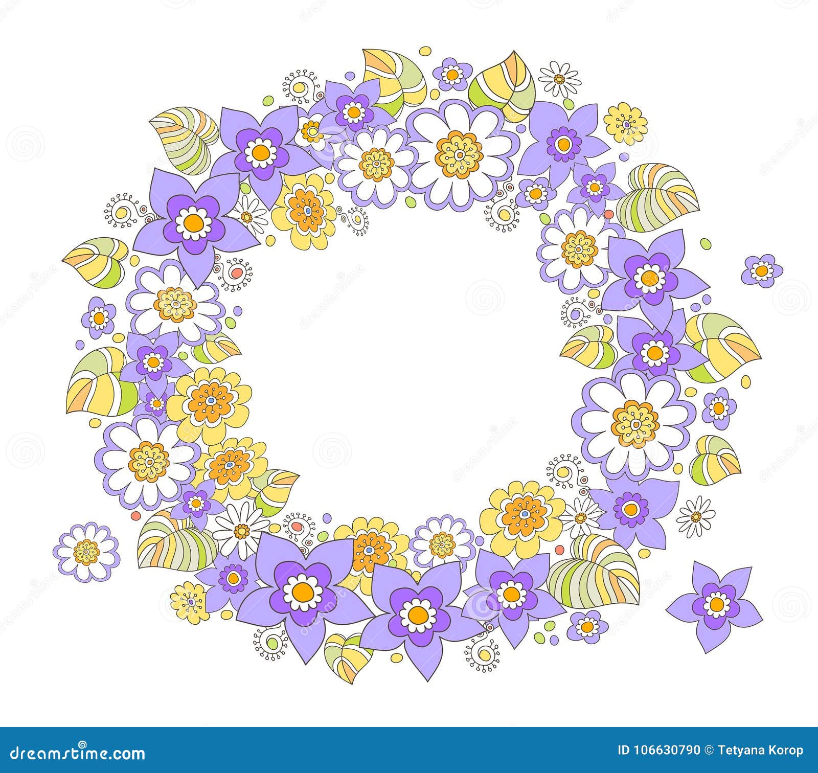 Colored Flowers Round Congratulation Frame, Stylized Drawing. Vector ...