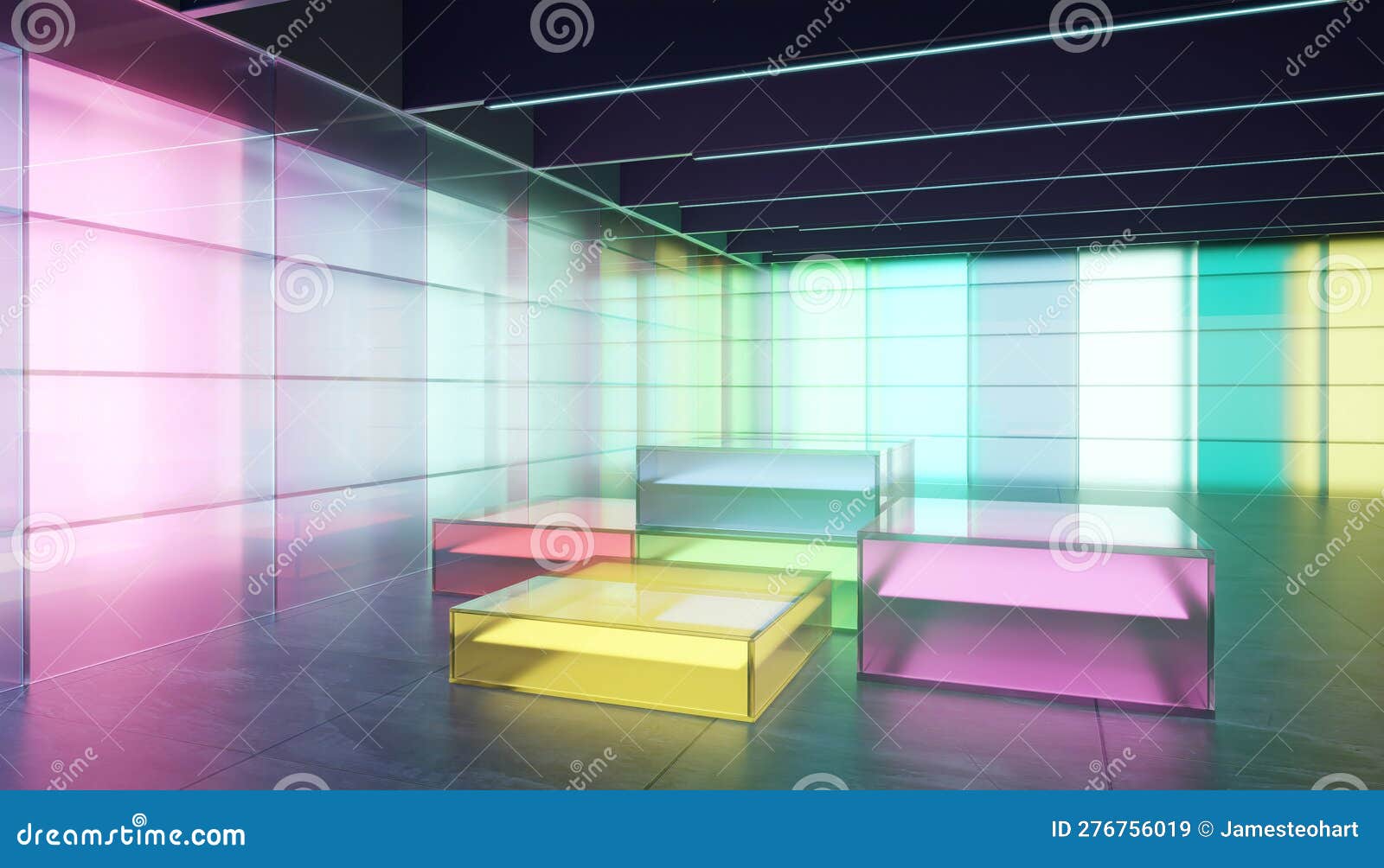 Colored Gradient Transparent Glass Wall and Glass Material Cube ...