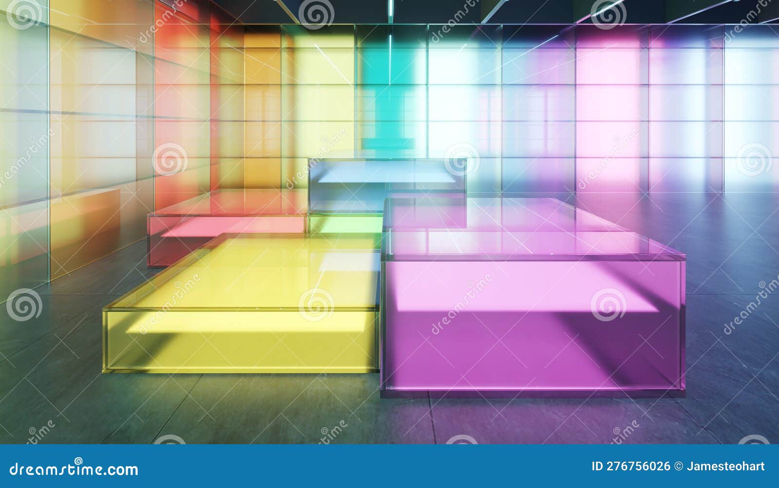 Colored Gradient Transparent Glass Wall and Glass Material Cube ...