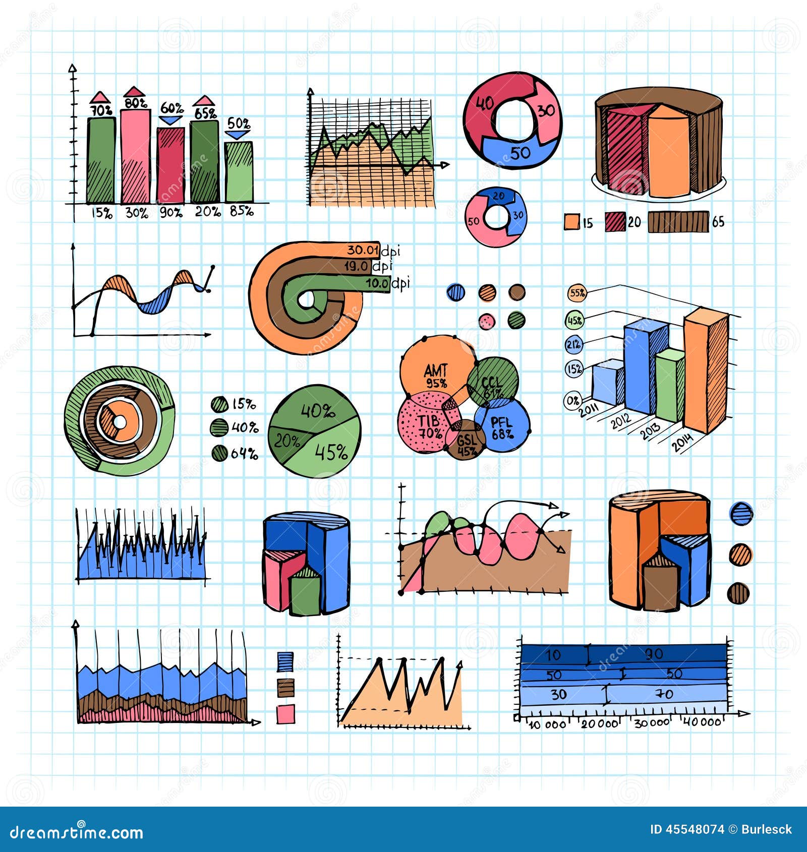 Colored Graphs Charts And Diagrams On Grid Lines Vector Illustration ...