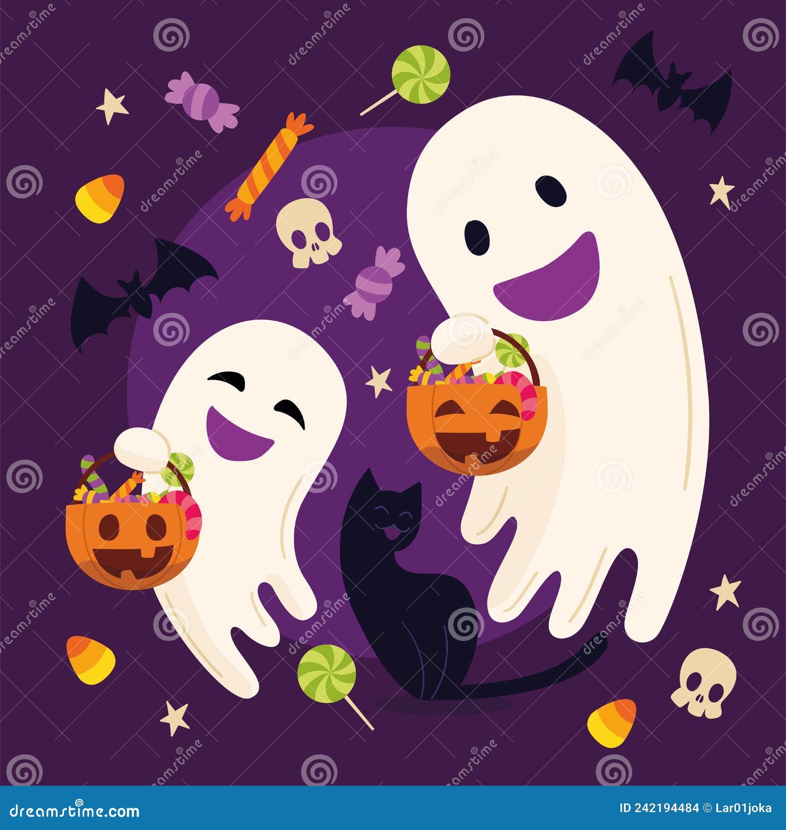 Colored Halloween Image Pair of Happy Ghost with Candies Vector Stock ...
